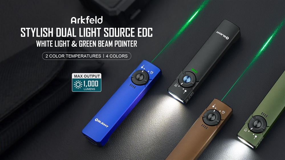 Olight Arkfeld 1000 Lumen Rechargeable EDC Flashlight & Green Laser FL ...